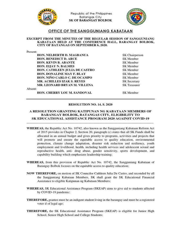 Resolution Approving The SK Educational Assistance Program Bolbok ...