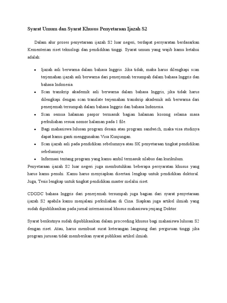 Syarat Umum Dan Syarat Khusus Penyetaraan Ijazah S2 | PDF