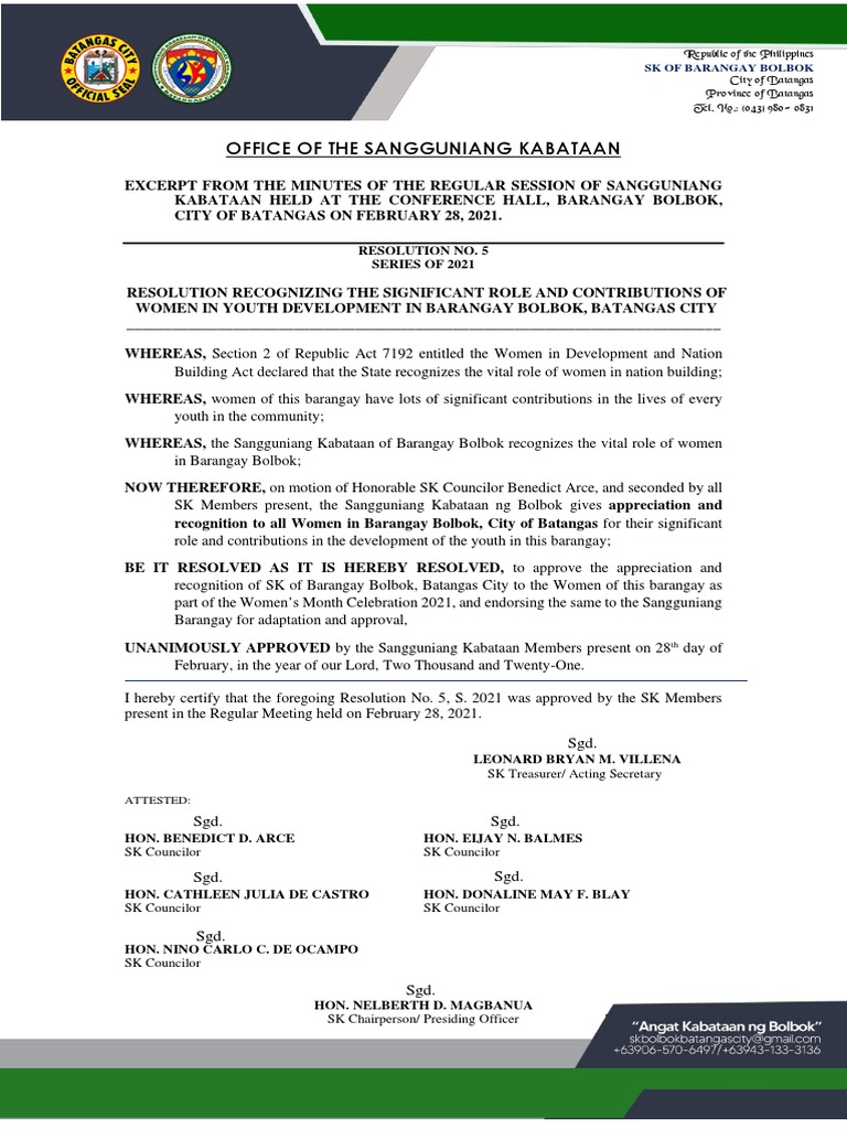 Resolution Approving The Women's Day Celebration in Bolbok, Batangas ...