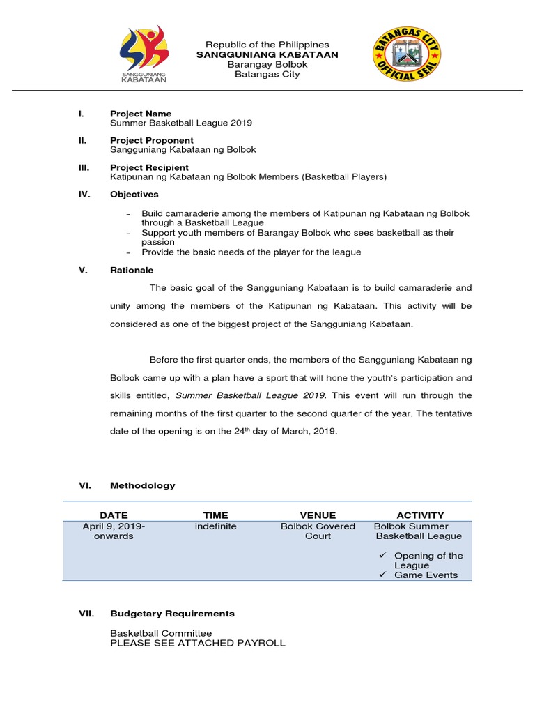 Project Design Summer Basketball League Bolbok, Batangas City | PDF ...
