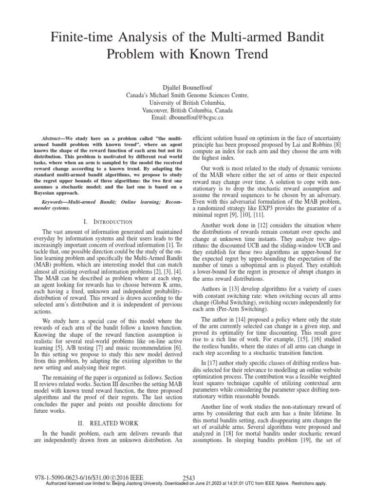 Finite-Time Analysis of The Multi-Armed Bandit Problem With Known Trend | PDF | Statistical ...