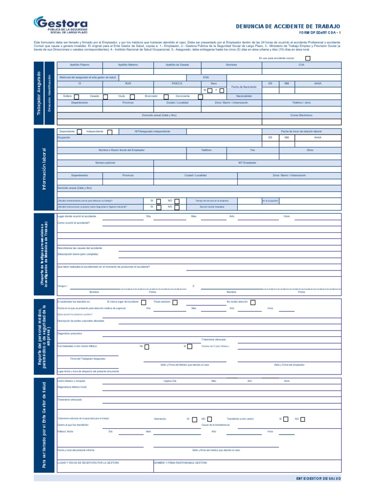 GESTORA-Denuncia de Accidente de Trabajo (Formulario) | PDF | Hospital | Paramédico