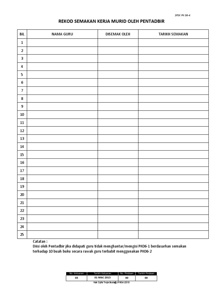 PK06-4 Rekod Semakan Hasil Kerja Murid Oleh Pentadbir | PDF