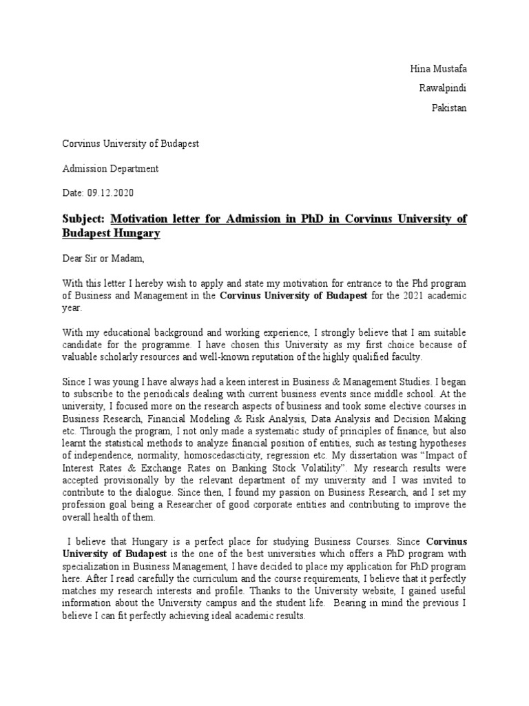 Motivation Letter | PDF | Business | Doctor Of Philosophy