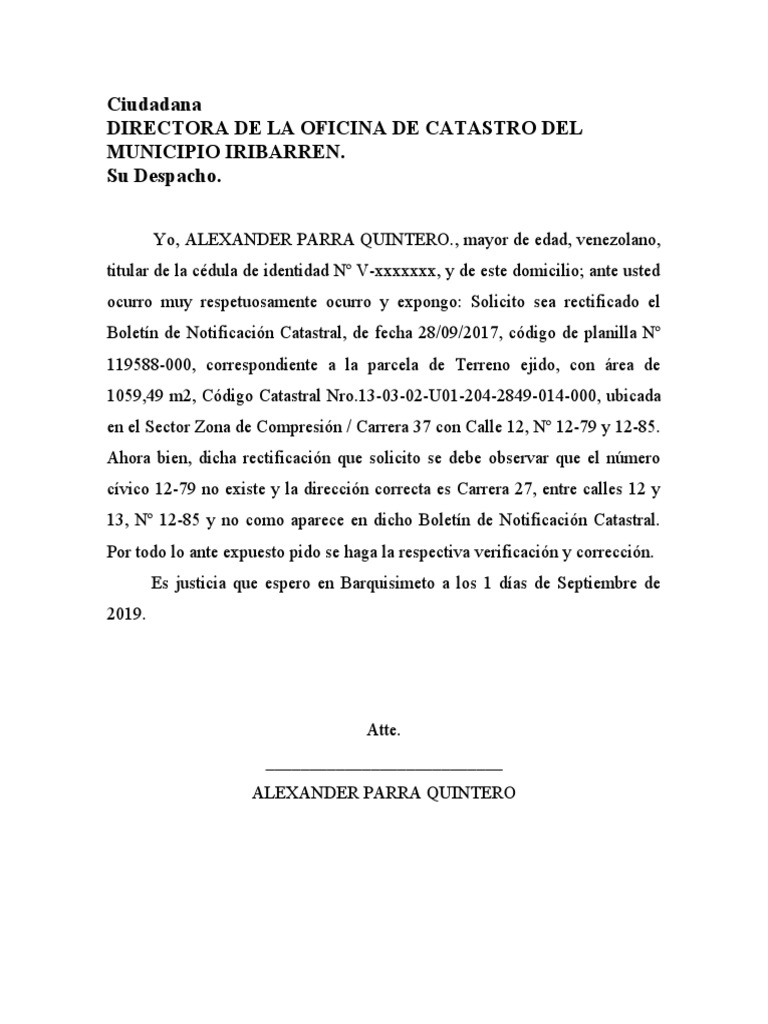 Solicitud Catastro Alexander Parra | PDF | Derecho