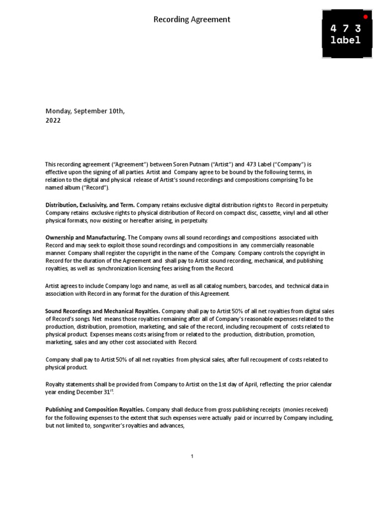 Other+Record+Labels+ +Recording+Agreement+Template | Download Free PDF ...