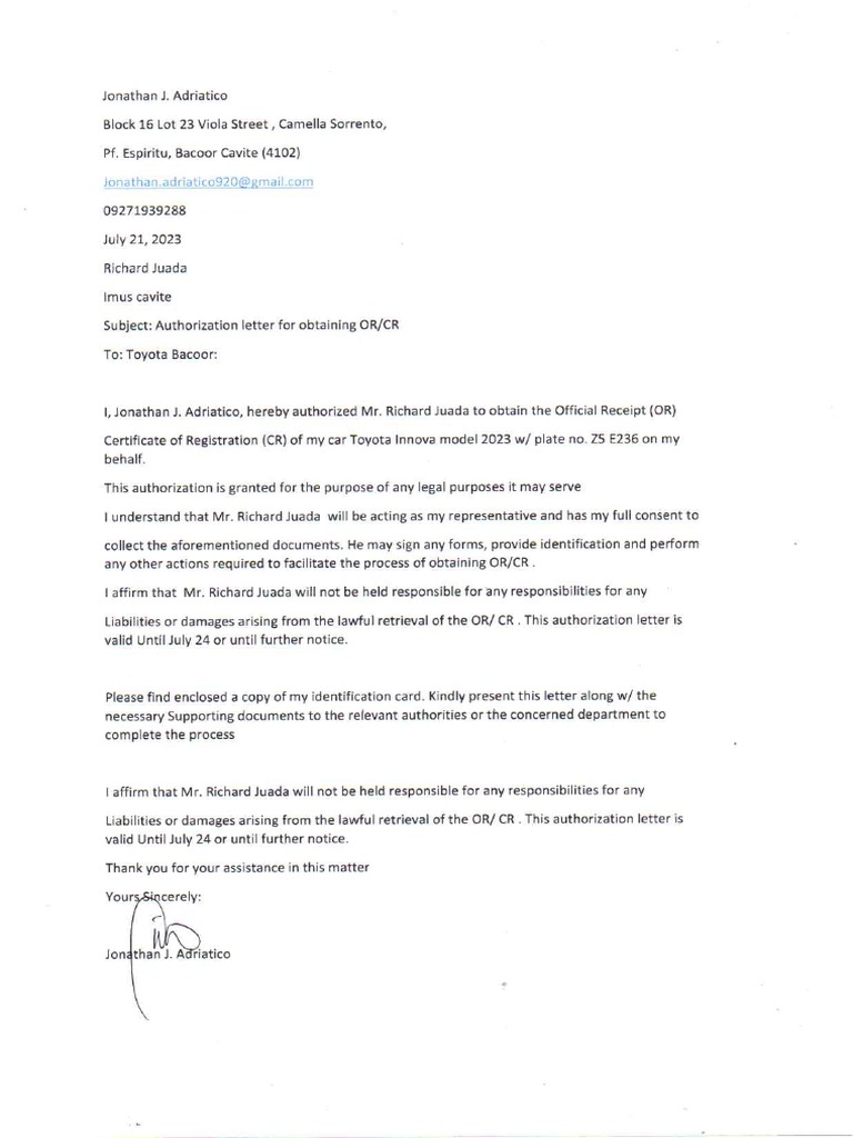 Authorization Letter | PDF