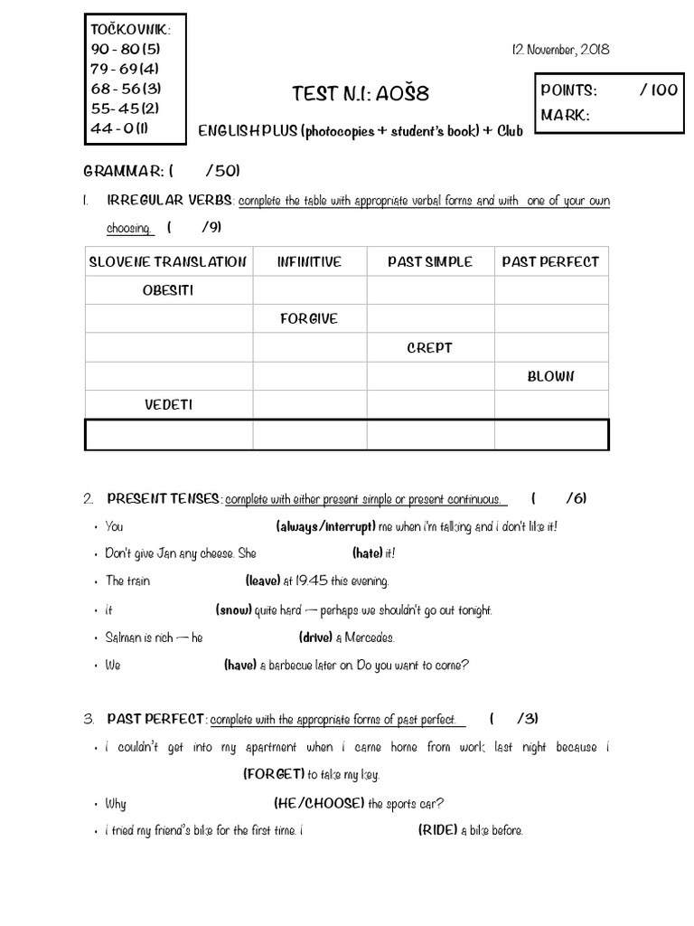 Test Paper, Grade 8 | PDF | Perfect (Grammar) | Grammar