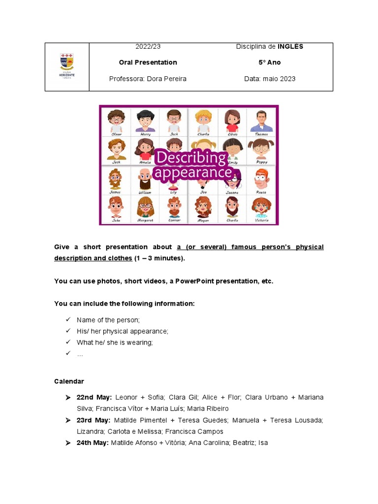 Oral Presentation Clothes and Describing People 3rd Term | PDF