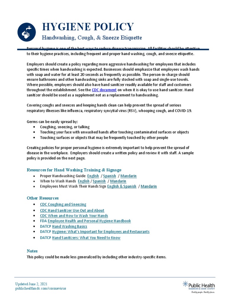 Hygiene Policy | Download Free PDF | Hand Washing | Hygiene