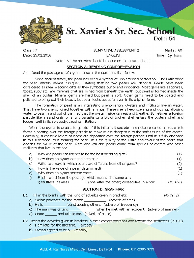 ST Xavier - 7 Annual Exam Model Question Paper 1 - ENGLISH | PDF ...