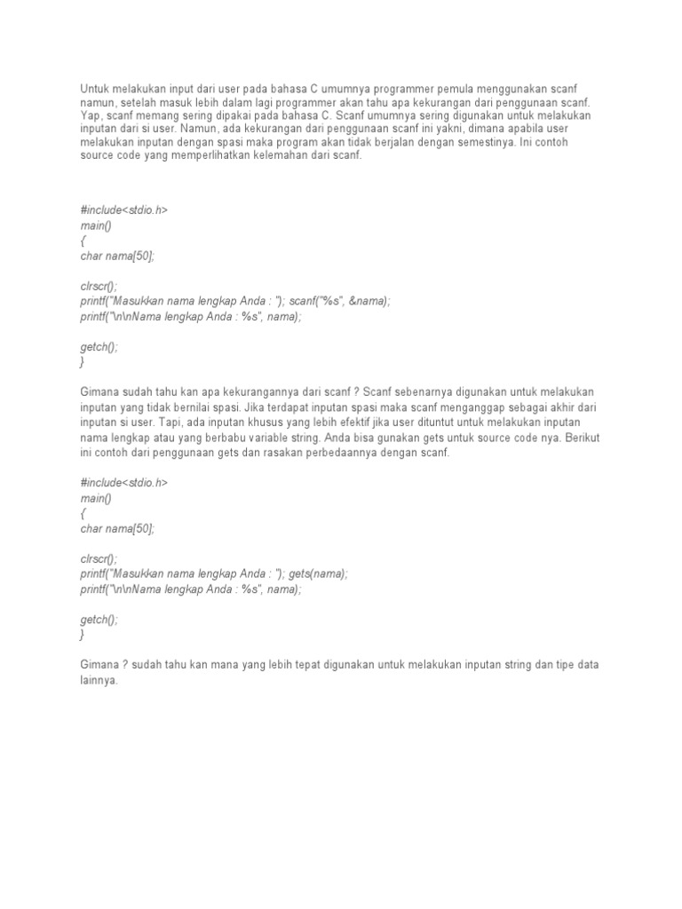 Perbedaan Scanf dan Gets di C | PDF