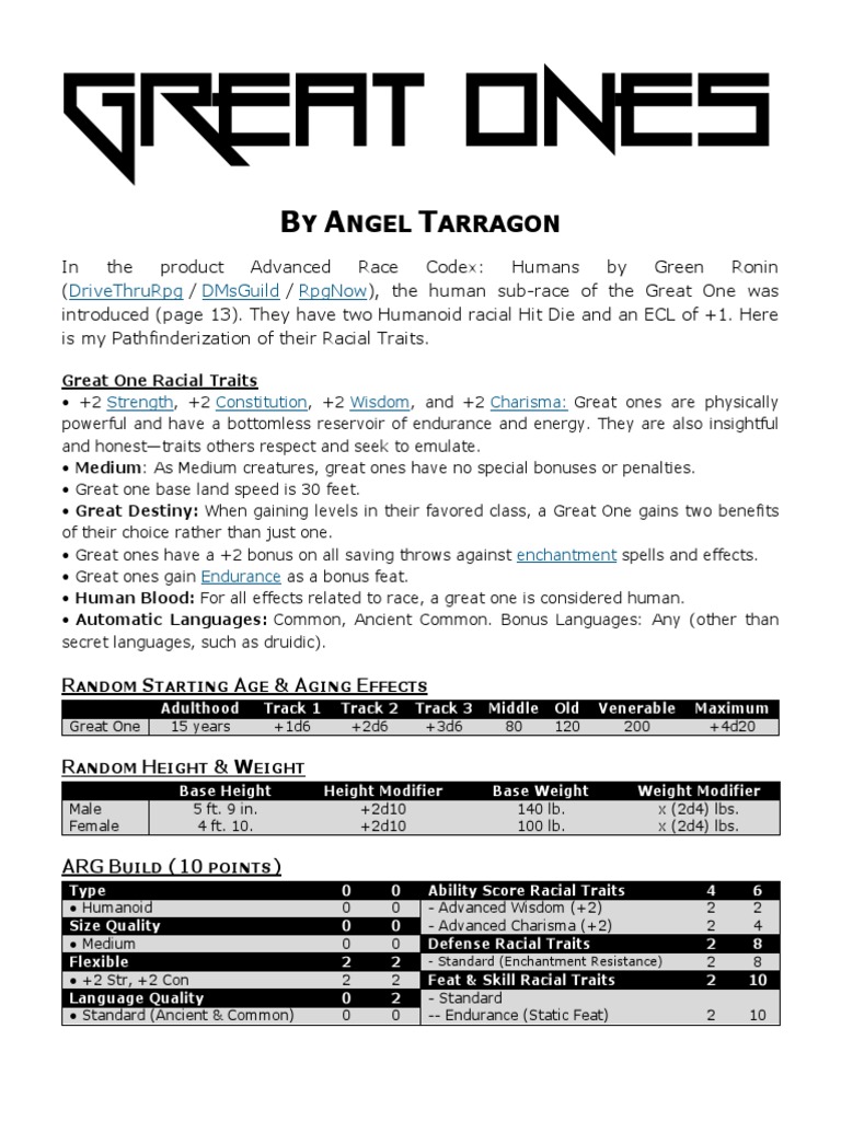 Pathfinder RPG 1E: Great Ones Race | PDF