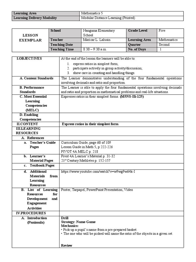 Math 5 Q2 | PDF | Ratio | Learning