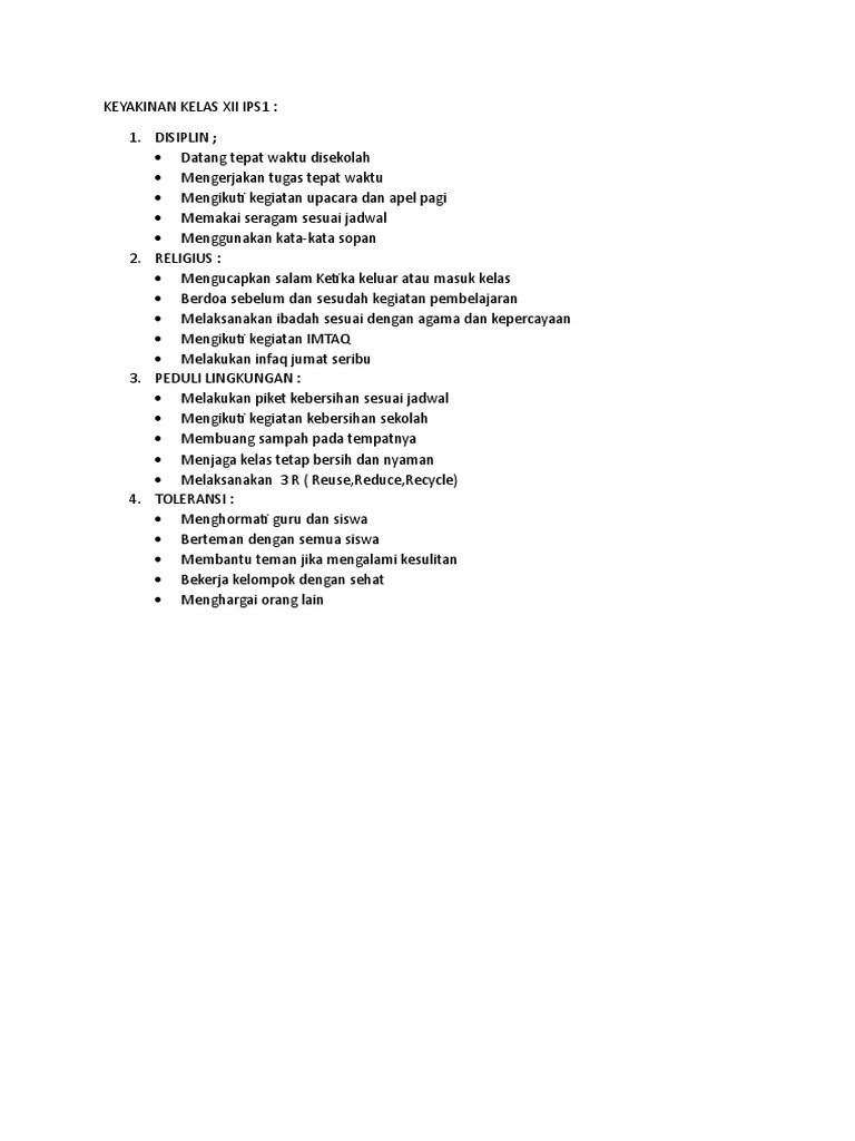 Nilai-nilai Kelas XII IPS1: Disiplin, Religius, dan Toleransi | PDF