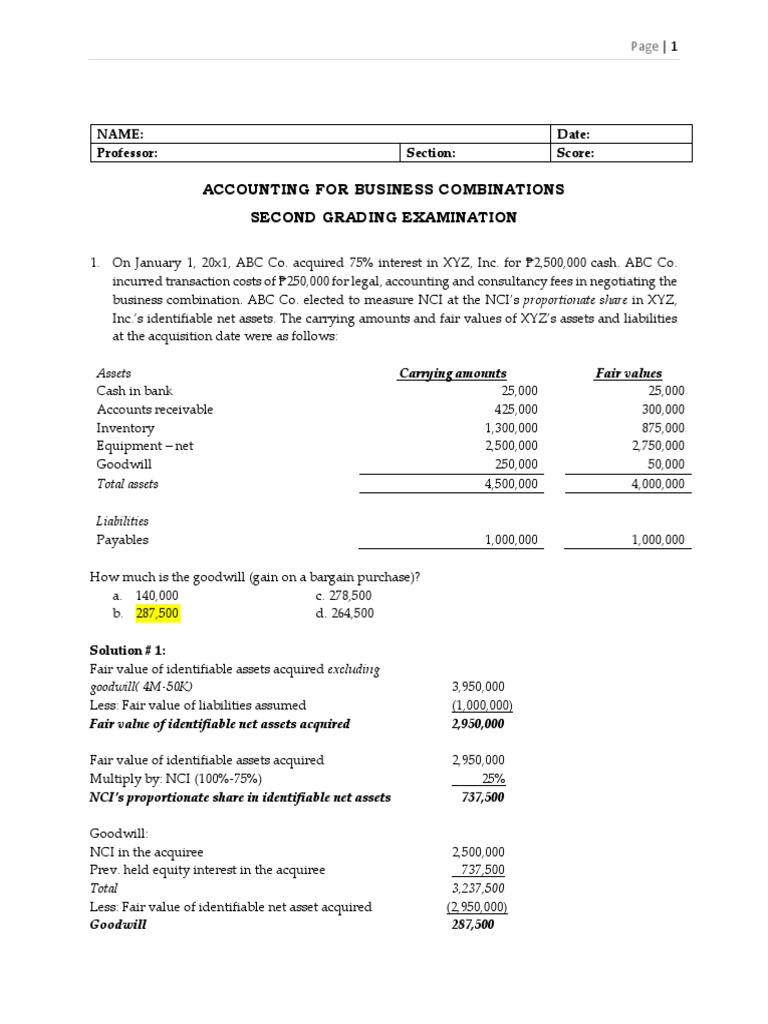 Accounting For Business Combinations Examination | PDF | Goodwill (Accounting) | Consolidation ...