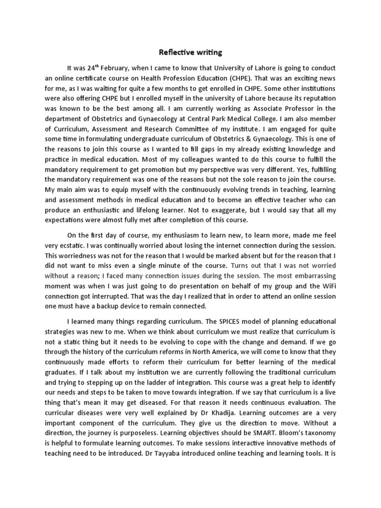 Reflective Writing | PDF | Multiple Choice | Curriculum