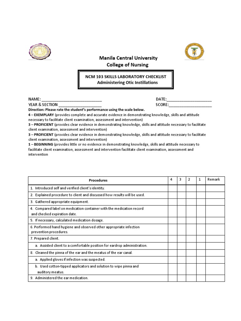 Checklist Otic Instillations | PDF | Ear | Hand Washing