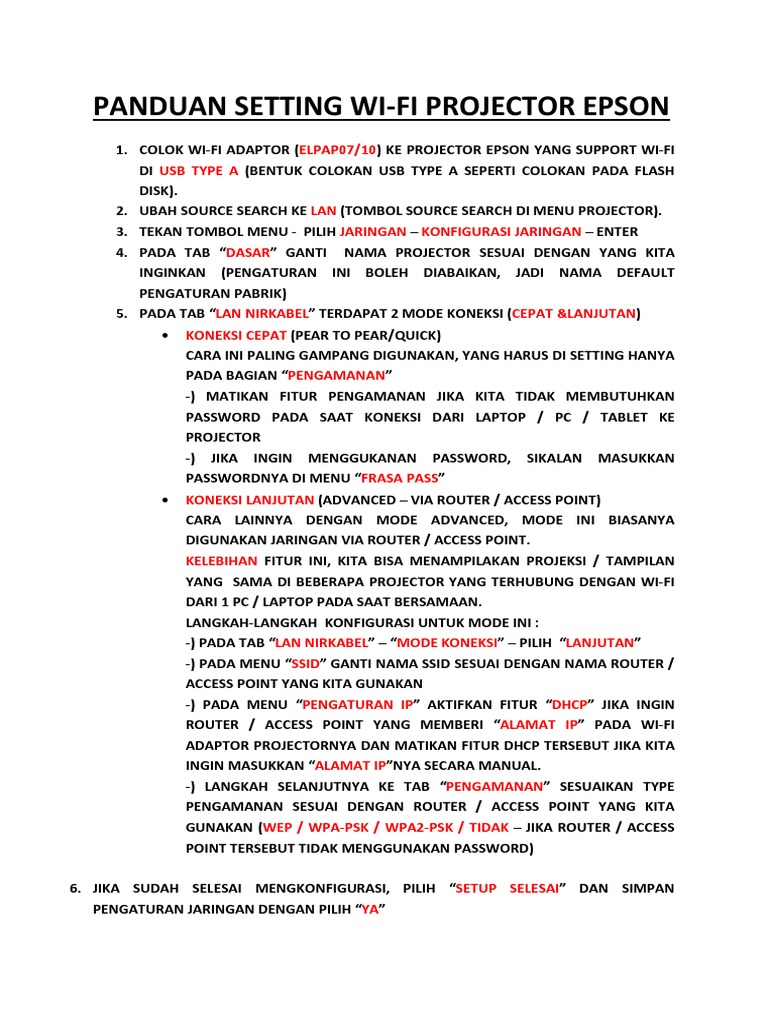 Panduan Setting Wi-Fi Projector Epson | PDF