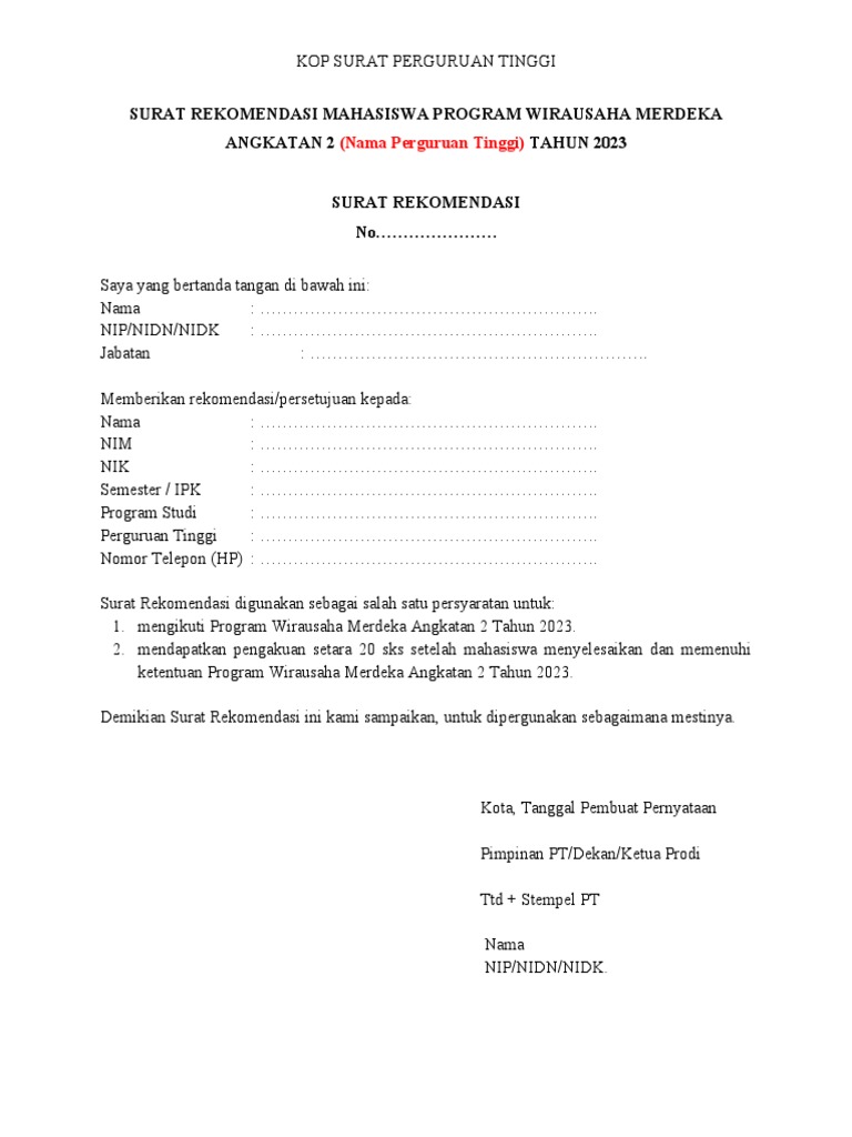 Template SURAT REKOMENDASI Ketua Prodi Pimpinan PT | PDF Template SURAT REKOMENDASI Ketua Prodi Pimpinan PT | PDF