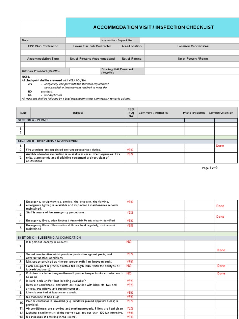 Accomodation Inspection Checklist | PDF | Refrigerator | Food Safety