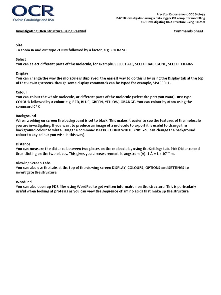 PAG10.1 DNA RasMol Commands Sheet - v1.0 | PDF | Computers
