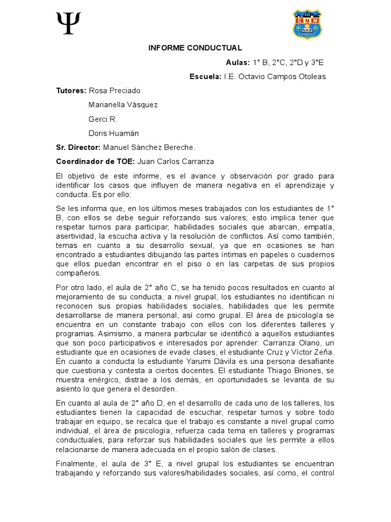 Informe Conductual. | PDF | Salón de clases | Comportamiento