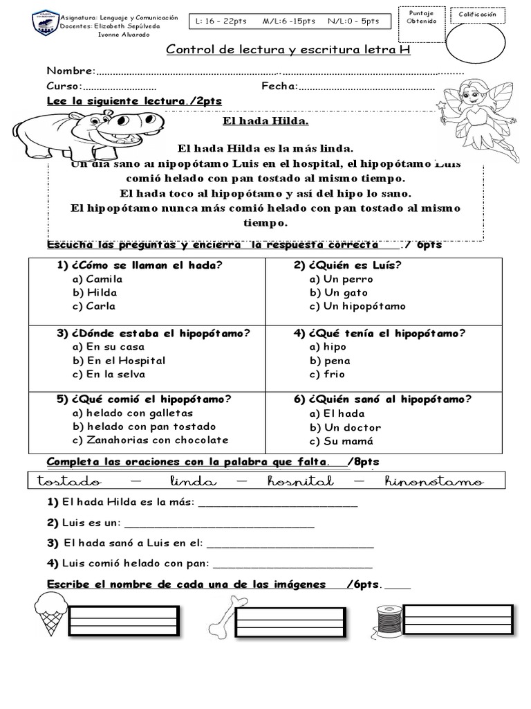 Control de Lectura y Escritura Letra H | PDF