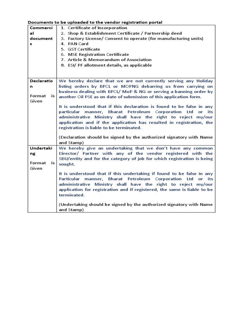 BPCL Vendor Registration Requirements | PDF | Business