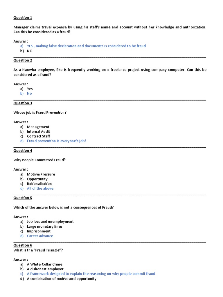 E-Learning (Fraud Awareness) Exam Questions - English | PDF | Fraud ...