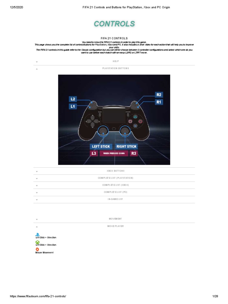 FIFA 21 Controls and Buttons for PlayStation, Xbox and PC Origin | PDF ...