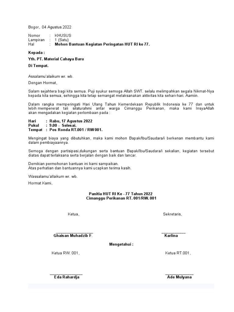 MATERIAL Surat Mohon Bantuan Sirkulir - RT 01 2022 | PDF