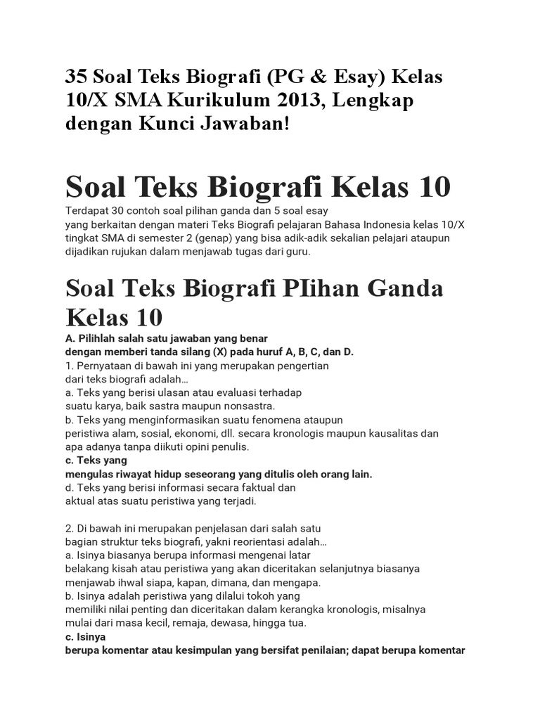Soal Teks Biografi Kelas 10 Lengkap | PDF | Fiksi Umum