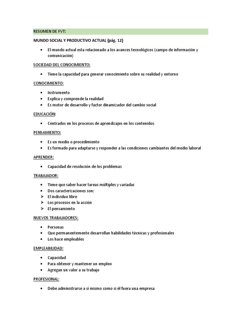Resumen de FVT | PDF | Conocimiento | Derecho laboral