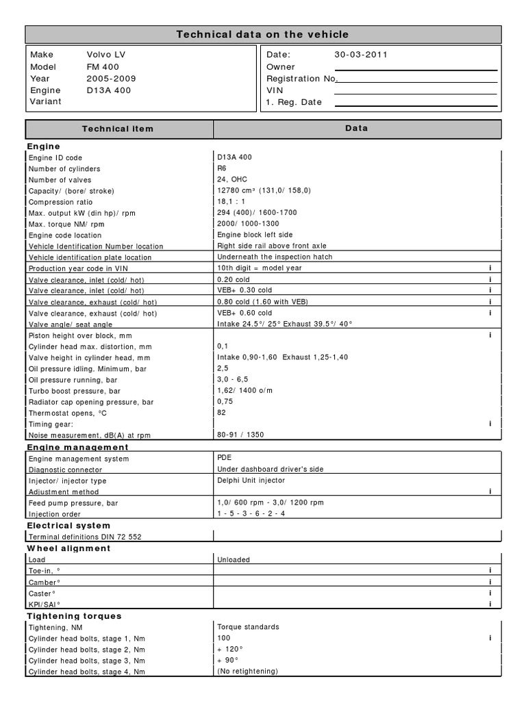 Volvo FM 400 D13A Engine Specifications | PDF | Engines | Propulsion