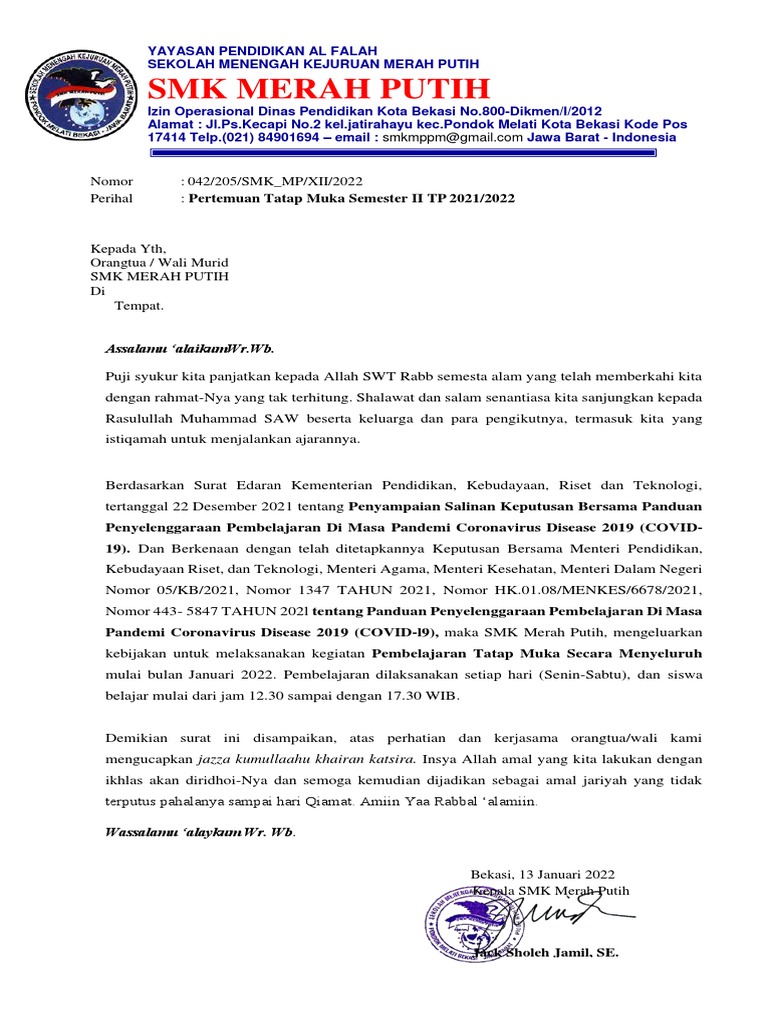 Surat Pemberitahuan Tatap Muka SMK Merah Putih | PDF