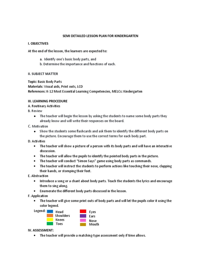 SEMI DETAILED LESSON PLAN - Kindergarten | PDF