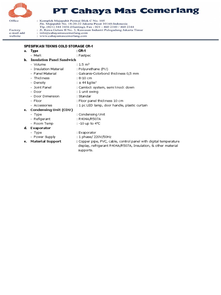 Spesifikasi Cold Storage CR-1 | PDF
