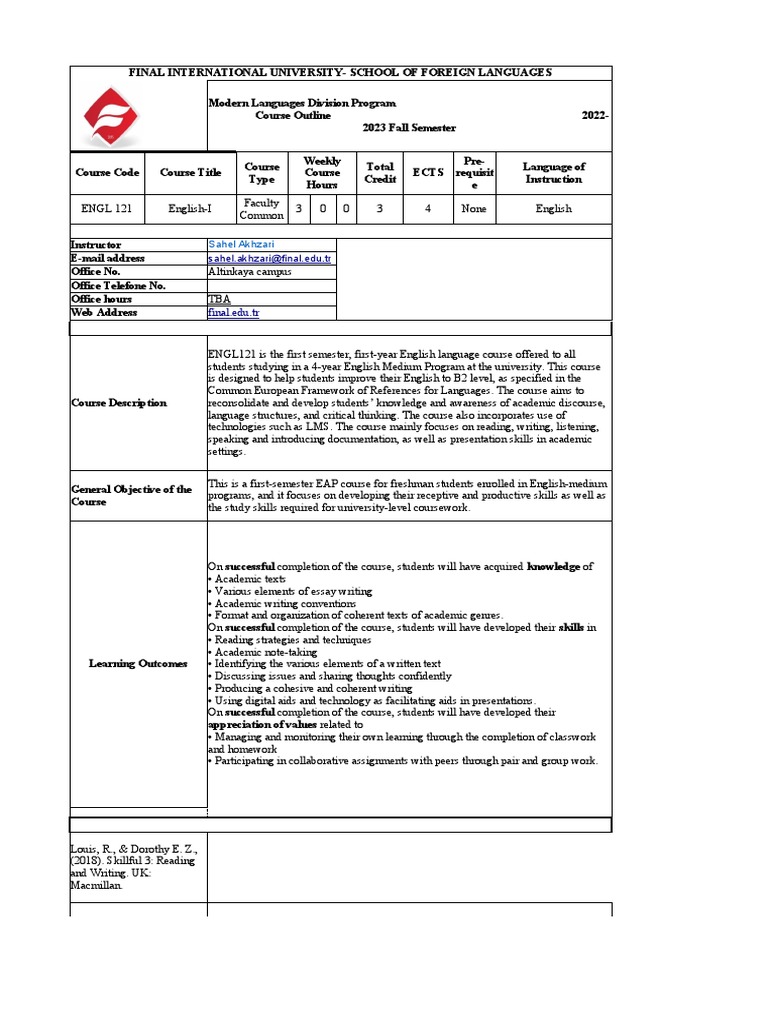 Engl 121 Course Description 2022-2023 | PDF | Vocabulary | Essays