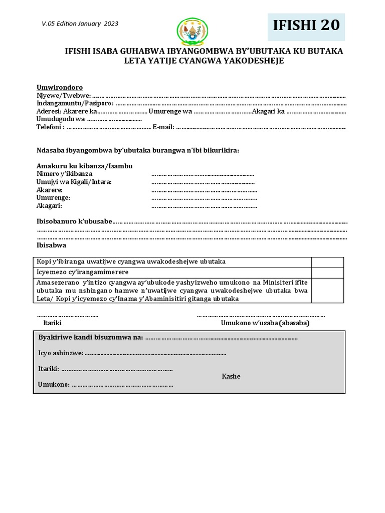 Ifishi Isaba Guhabwa Ibyangombwa Y'ubutaka Ku Butaka Leta Yatije Cyangwa Yakodesheje | PDF
