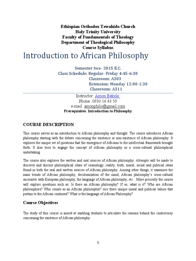 Introduction To African Philosophy Course Outline | PDF