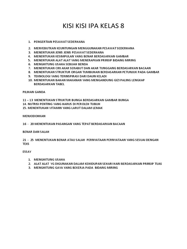 Kisi Kisi Ipa Kelas 8 | PDF