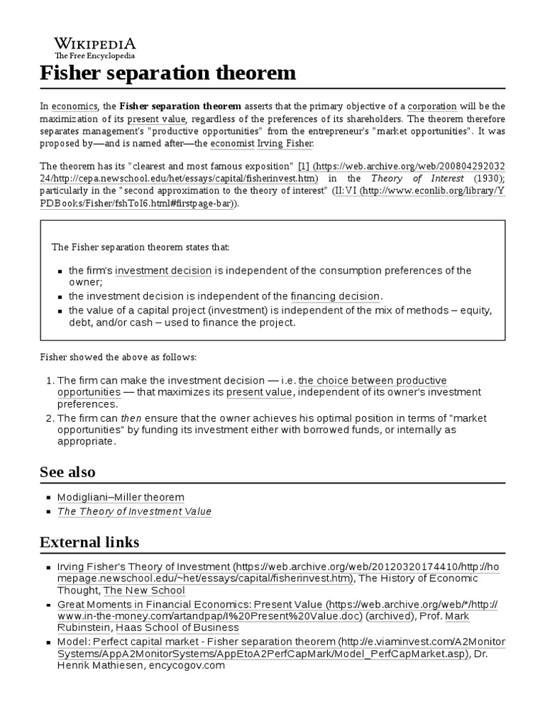 Fisher Separation Theorem | PDF | Economics | Financial Economics