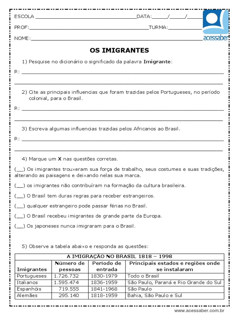 Atividade de Geografia Os Imigrantes 4 Ano e 5 Ano | PDF | Brasil ...