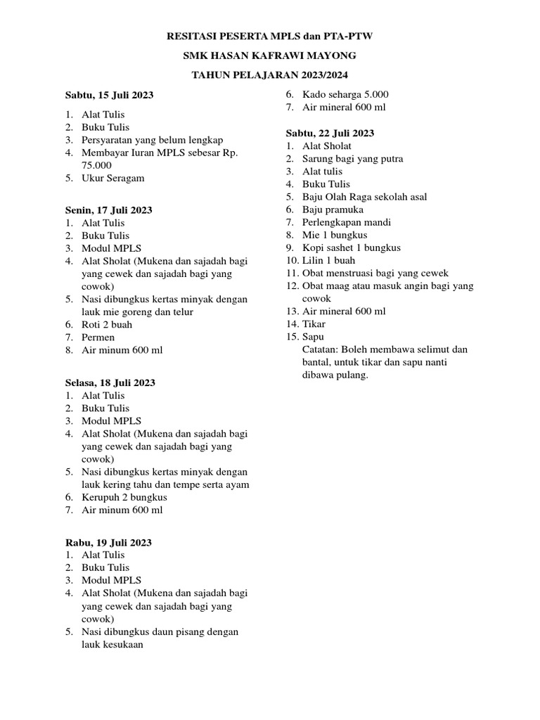 RESITASI PESERTA MPLS Dan PTA | PDF