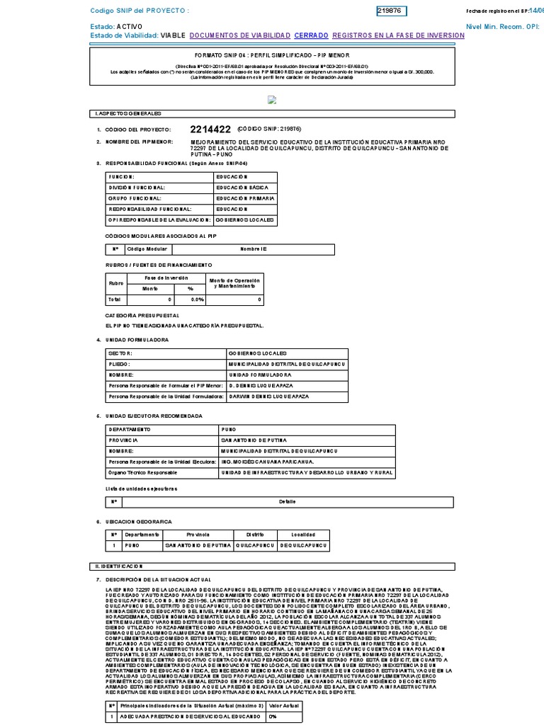 Ficha SNIP Centro Base 72297 | PDF