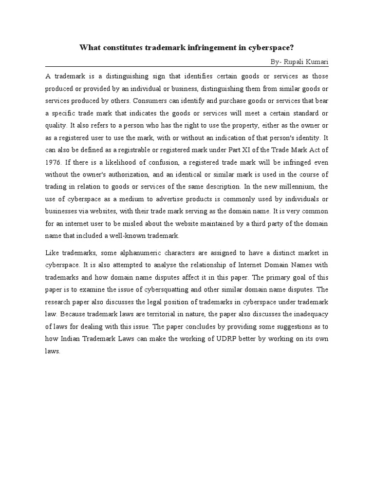 Trademark Infringement in Cyberspace | PDF | Trademark | Domain Name