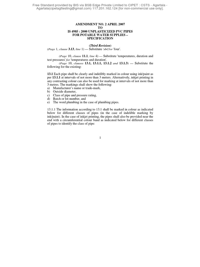 Amendment No. 2 April 2007 TO Is 4985: 2000 Unplasticized PVC Pipes For ...