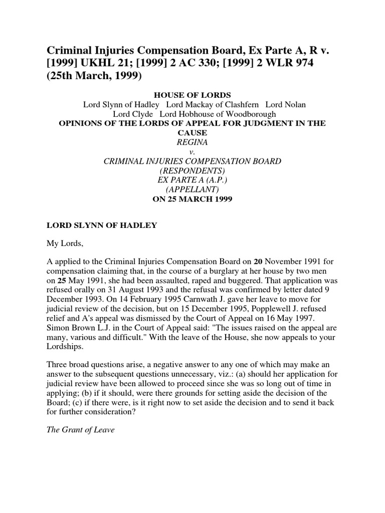 R V Criminal Injuries Compensation Board Ex A (1999) 2 AC 330 | PDF ...