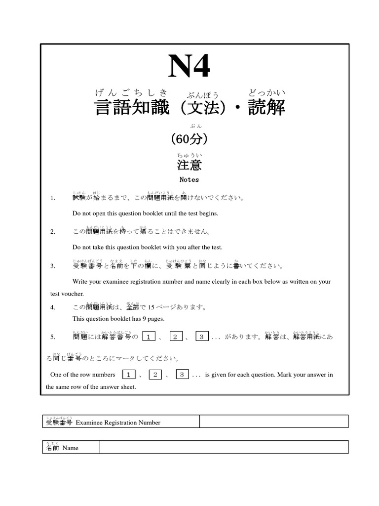 ĐỀ Ngữ Pháp-đọc Hiểu N4.2 | PDF